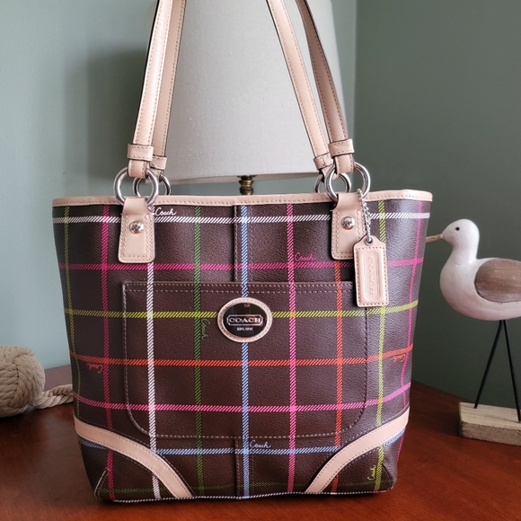Coach | Bags | Coach Peyton Tattersall Brown Multi Coated Canvas Tan Leather Tote F24389 | Poshmark